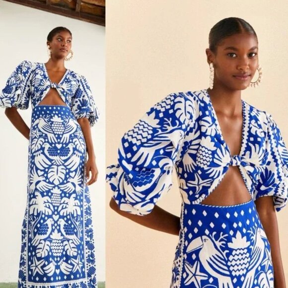 FARM Rio | Dresses | Farm Rio Jungle Scarf Midi Dress Cutout Birds Blue ...